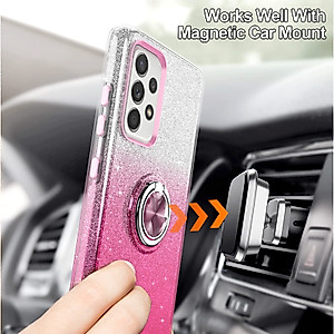 PeeTep Galaxy A52 5G Case for Girls Women, Slim Fit Glitter Sparkly Case with 360°Ring Holder Kickstand Magnetic Car Mount Shock-Absorbent Protective Sturdy Cover,Pink