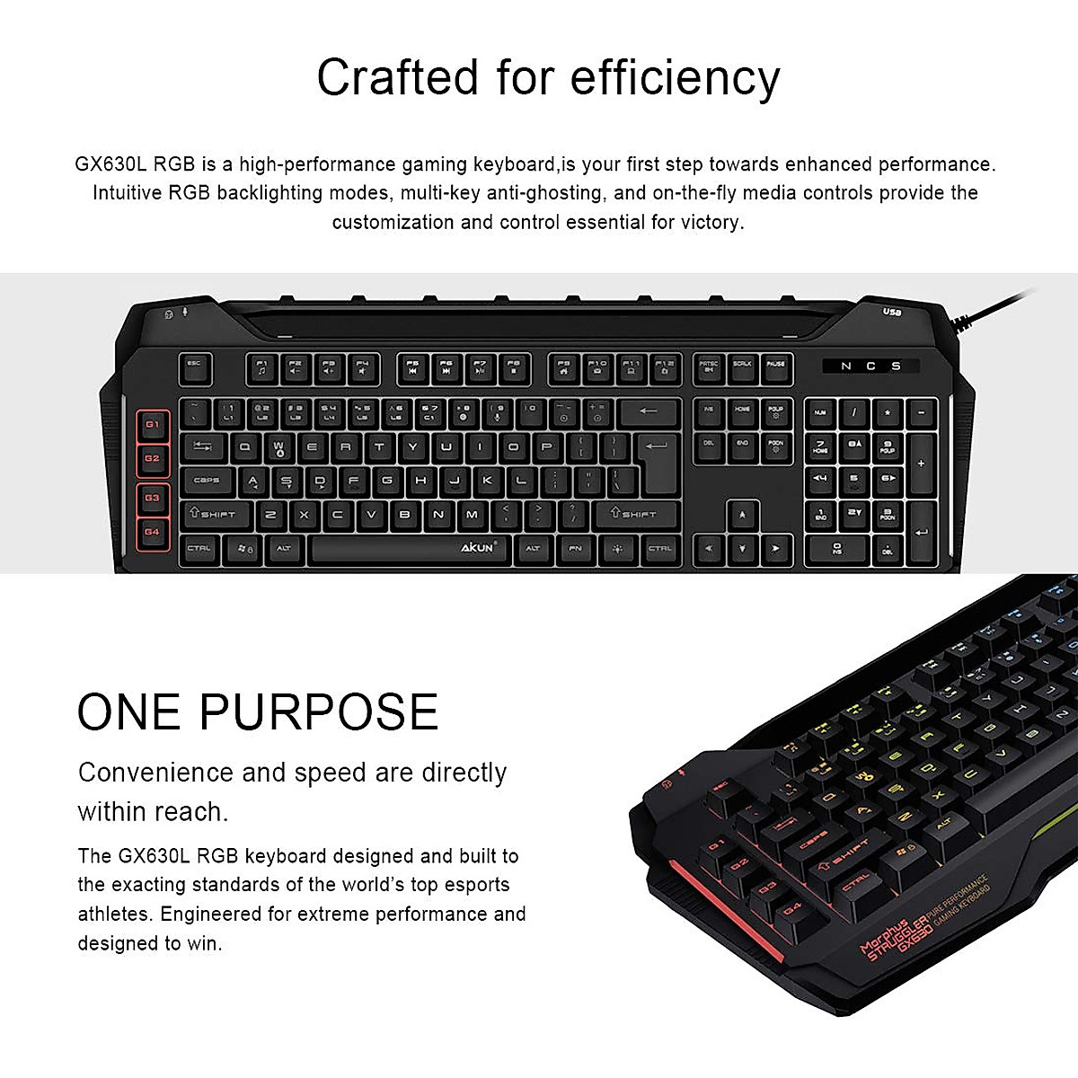 AIKUN Full Size Membrane Gaming Keyboard With 4 Macro Gaming keys,Voice Sensitive Rainbow Backlit,26 Anti-Ghosting Keys,Audio and USB Passthrough,Spill Resistant, Mobile Device Slot,Multimedia Control