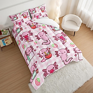 HOSIMA Axolotl Comforter Set Twin Size for Kids Girls,Pink Cartoon Axolotl Eat Dessert Printing Bedding Set Twin Size for Princess Bedroom Decor with Two Pillowcases.