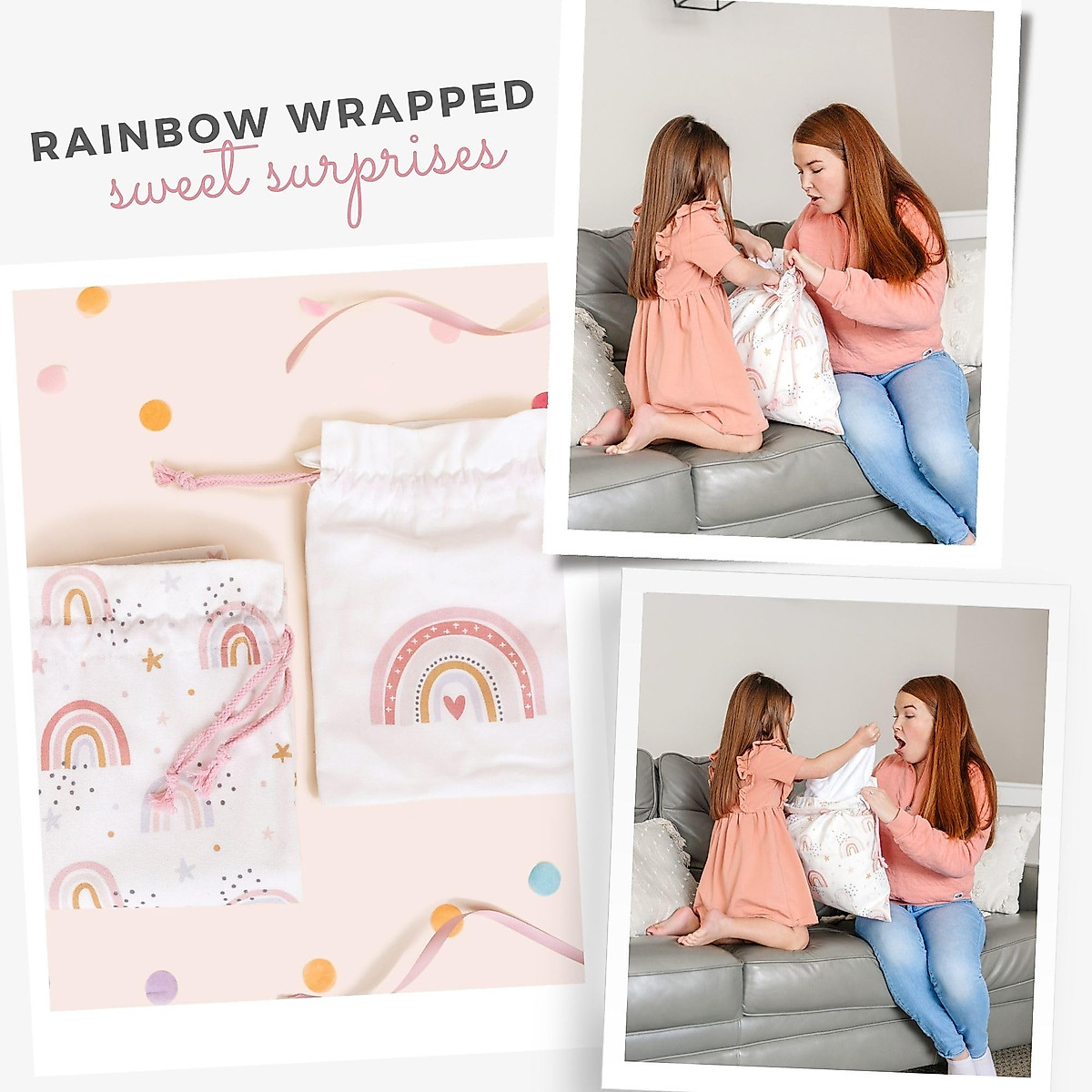 Gather & Knot Drawstring Gift Bags | 20" Large 12" Small | Premium Canvas | Reusable Fabric Wrap for Baby Shower or Girl Birthday | Rainbow