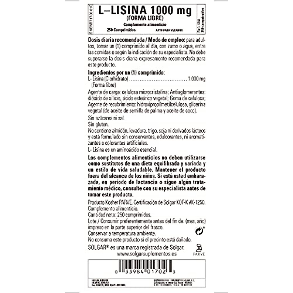 Solgar L-Lysine 1000 mg, 250 Tablets - Enhanced Absorption and Assimilation - Promotes Integrity of Skin and Lips - Collagen Support - Amino Acids - Non-GMO, Vegan, Gluten Free - 250 Servings