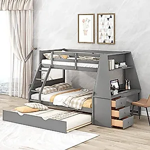 Twin Over Full Bunk Bed with Desk and Trundle, Wooden Bunk Beds Twin over Full Size with Storage Drawers and Shelf ,Storage Bunk Beds with Ladder & Guardrails for Kids Girls Boys ,Grey
