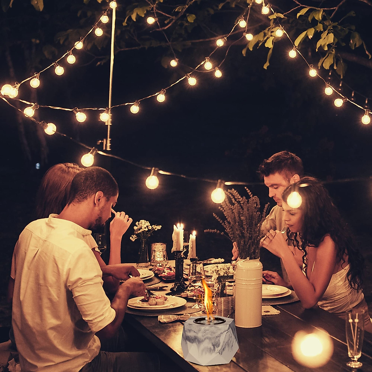 Hexagonal Concrete Tabletop Fire Pit - Indoor/Outdoor Smokeless Fire Pit with 2 Stainless Steel Chambers Burns Rubbing Alcohol, Bio Ethanol Fuels - Table Top Fire Pit Bowl/Mini Tabletop Fireplace