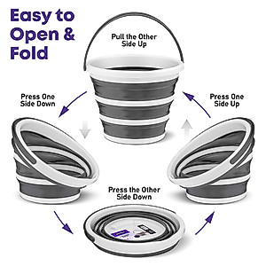 Superio Collapsible Bucket 2 Gallon Bucket with Handle Grey Car Wash Bucket Small Foldable Silicone Pail for Camping, Fishing, Cleaning, Mopping, 10 Liter, 4