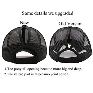 Womens Ponytail Messy High Buns Trucker Ponycaps Plain Baseball Cap Dad Hat Adjustable Snapback (001-2packs(Black camo+Grey camo), One Size)