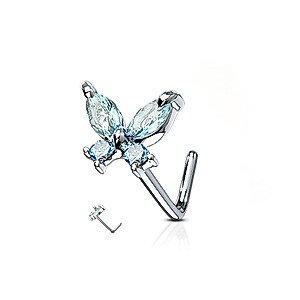 Amelia Fashion 20 Gauge CZ Butterfly Nose Stud Ring L Bend 316L Surgical Steel (Choose Color) (Aqua)