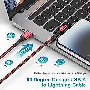 iPhone Charger 6ft (3Pack), Apple MFi Certified 6Feet 90 Degree Nylon Braided Lightning Cable Right Angle 6Foot iPhone Charging Cord for Apple iPhone 14 13 12 11 Pro X XS XR 8 Plus 7/6/5-Red