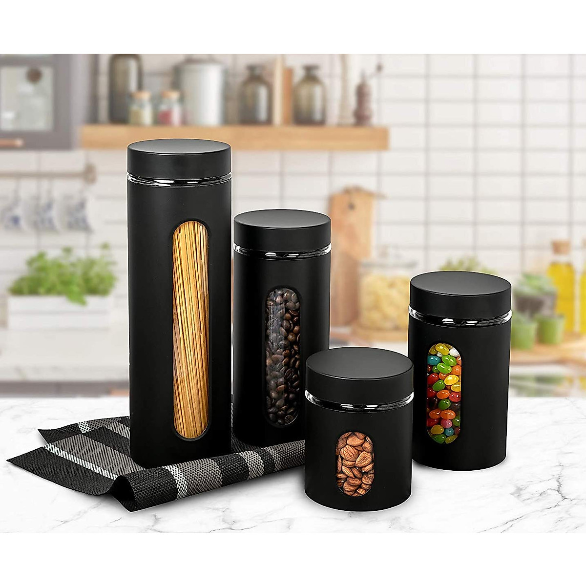 GADGETWIZ Canister Sets for Kitchen Counter - Matte Black Kitchen Decor and Accessories - Glass Canisters Sets for the Kitchen - Sugar Containers for Countertop - Kitchen Canisters Set of 4