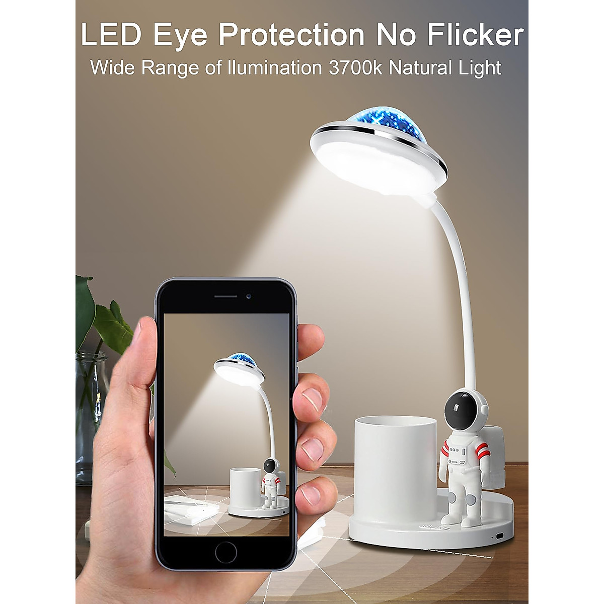 Astronaut Desk Lamp for Kids,Star Space Projector Galaxy Night Light,Eye-Care Reading Small Desk Lamps, with Pen Holder Spaceman Table Lamp, Bedroom Decor Aesthetics, Gifts for Boys and Girls