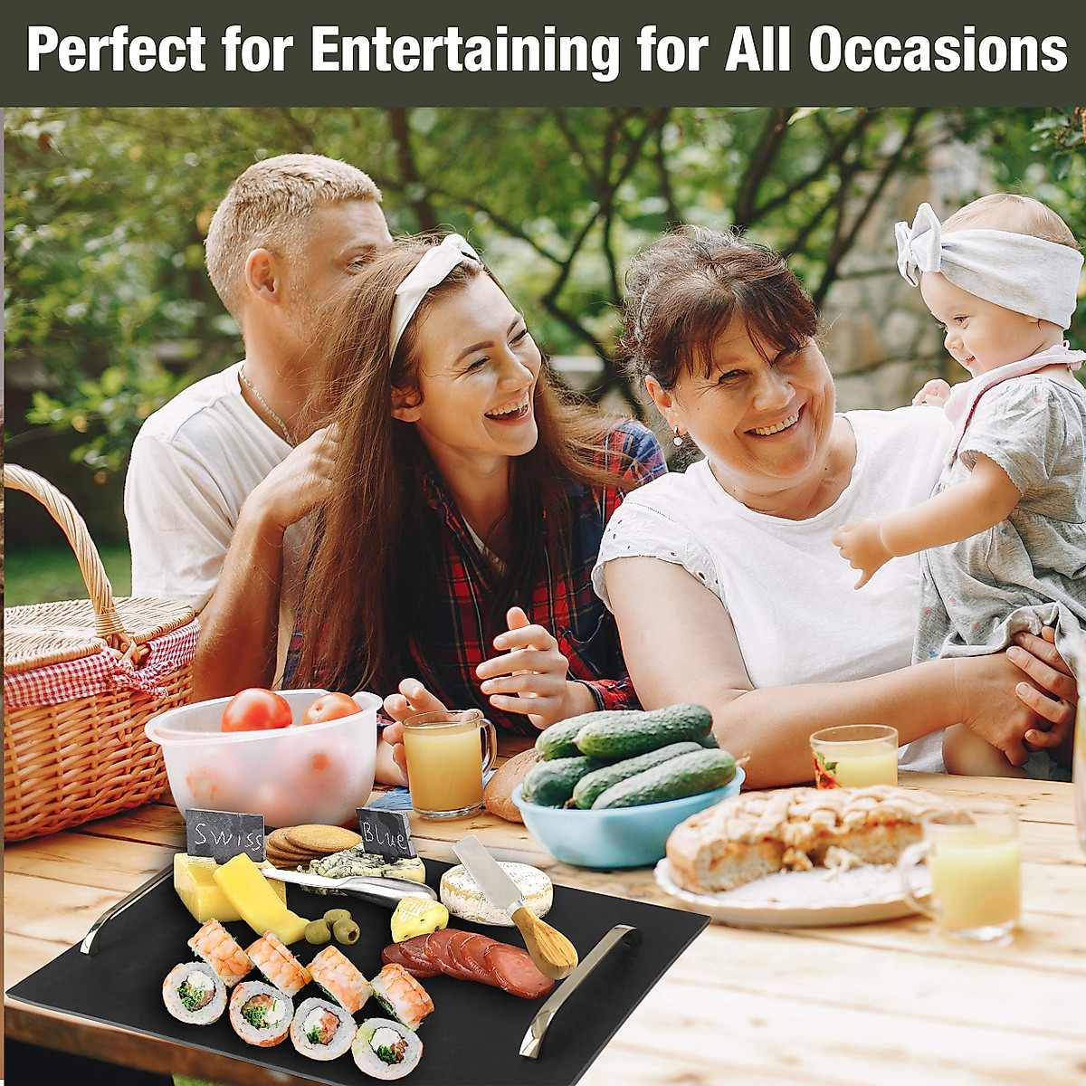 Olyv Branch Slate Cheese Board Set-10pc Serving Tray 16" x 10'' Large-Durable & Versatile Serving Tray Sealed with an Anti Stain Coating-Great for Home & Restaurant Cheese Tapas & Appetizers Serving