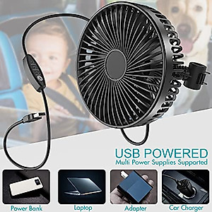 YONHISDAT Car Fan for Backseat, 6-inch USB Powered Car Seat Fan, 3 Speeds & 360° Rotatable, Powerful Air Circulation Fan with Adjustable Holder for Vehicles Like Sedan, SUV, RV, Pickup