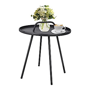 Vipush Outdoor Side Tables with Handle Round Metal End Table for Living Room Bedroom Garden Porch Balcony Backyard Water Proof Weather Resistant, (H) 17.5" x(D) 17.7", Black