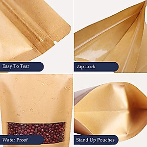 Belinlen 300pcs 3.94x5.87" Kraft Stand Up Pouches Zip Lock Food Storage Bags with Matte Window Multipurpose Kraft Paper Bags Reusable, Heat-Sealable