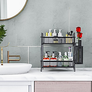 Bathroom Organizer with Basket, 2-Tier Bathroom Countertop Storage Shelf, Bathroom Counter Organizer, Skincare Organizer and Storage Kitchen Counter Organizers Spice Rack(Black)