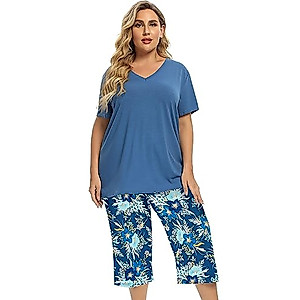 Vozanet Women's V Neck Sexy Pajamas Capri Sets Full Printed Flowers Ladies Sleepwear V Neck Floral Nighty XL to 5XL, Blue, 4X-Large