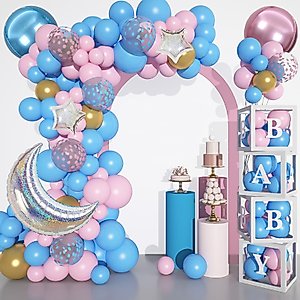 137Pcs Baby Boxes Gender Reveal Balloon Decorations Kit, Pink & Blue Balloon Arch with 4pcs Baby Boxes with Letters (A-Z+Baby) for Baby Shower Boy or Girl Gender Reveal Party Decor Birthday Supplies