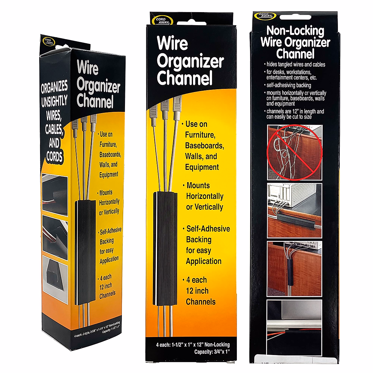 Electriduct Large J Channel Cable Raceway Self Adhesive Desk Cord Organizer and Wire Manager - Black - 48" (4 Feet) - 6 Pack