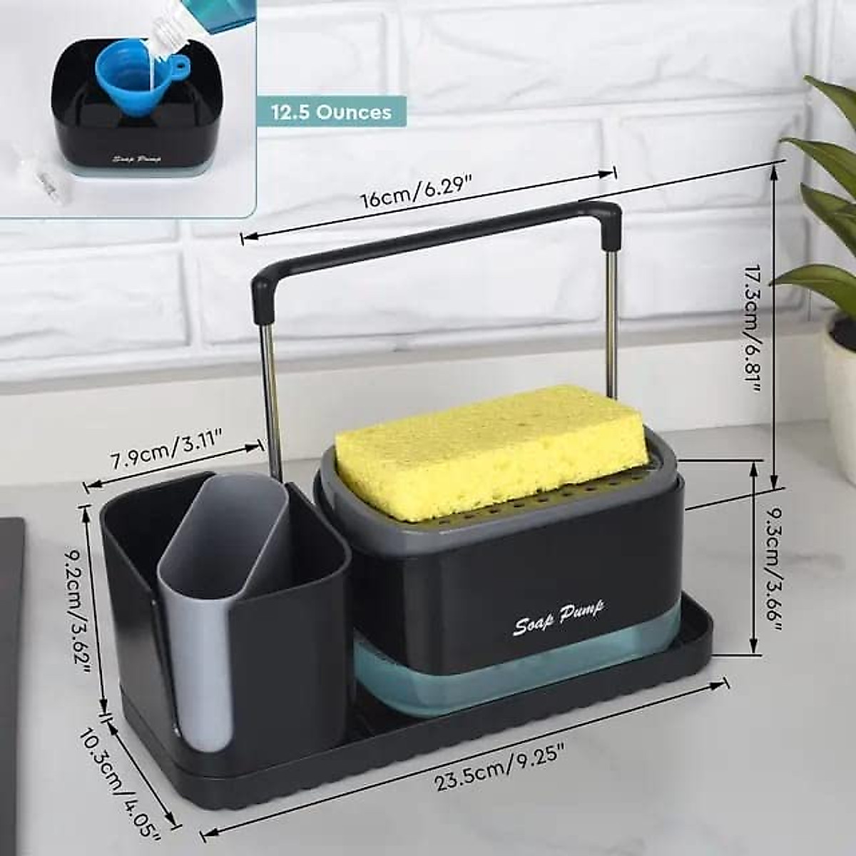 Dish Soap Dispenser for Kitchen with Sponge Holder, Dishcloth and Brush Holder, Countertop Caddy Organizer for Kitchen Sink Easy Fill with Funnel