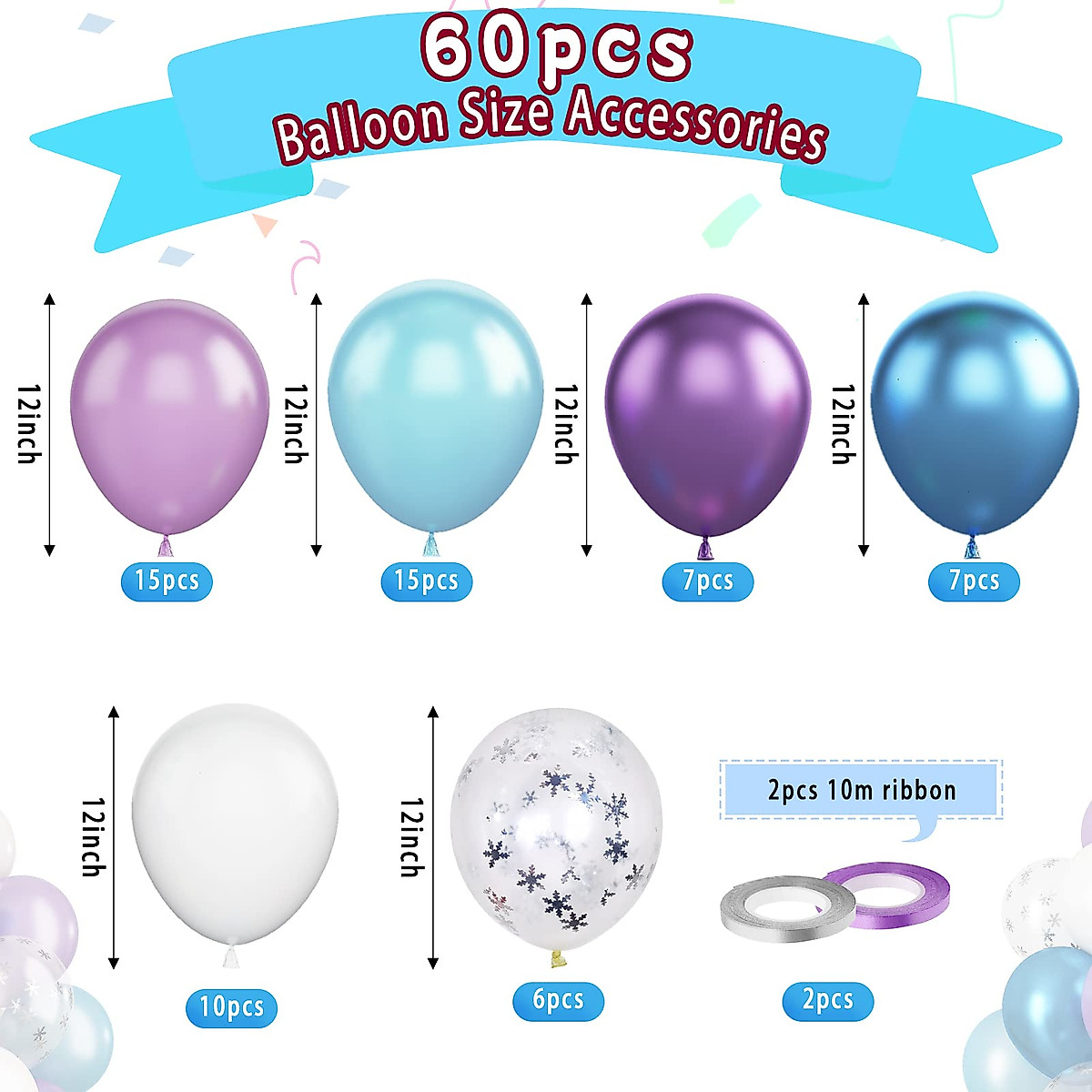 Paready Frozen Balloons, 60 Pcs 12 Inch Purple Blue Balloons White and Snow Confetti Latex Balloons for Girls Frozen Theme Party Supplies Ice Snow Theme Birthday Baby Shower Winter Party Decorations