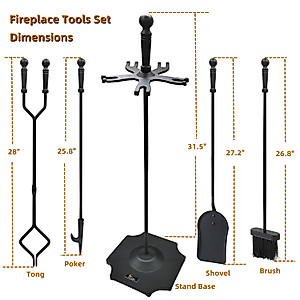 VODA Fireplace Tools Set 5 Pieces 31.5In Cast Iron Indoor Fireside Accessories Large Fire Place Tool Set Outdoor Holder Fire Kit Stand Wood Stove Log Shovel Brush Tong and Fireplace Poker