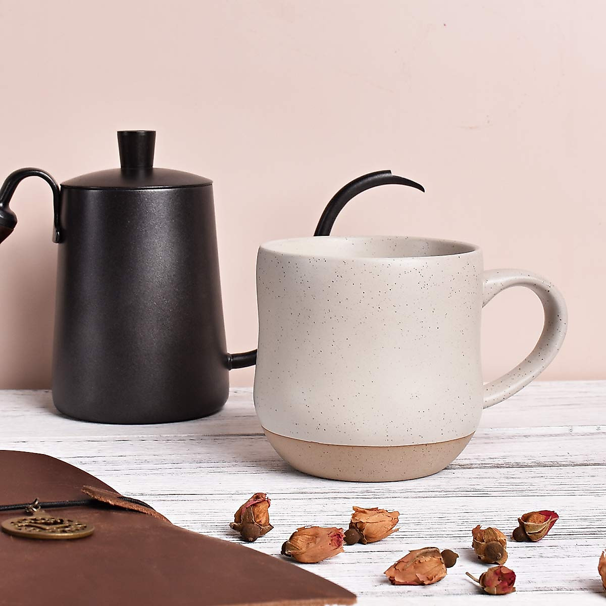 Bosmarlin Large Stoneware Speckled Coffee Mugs Set of 2, Big Ceramic Tea Cup, 17 Oz, Dishwasher and Microwave Safe (White, 2)