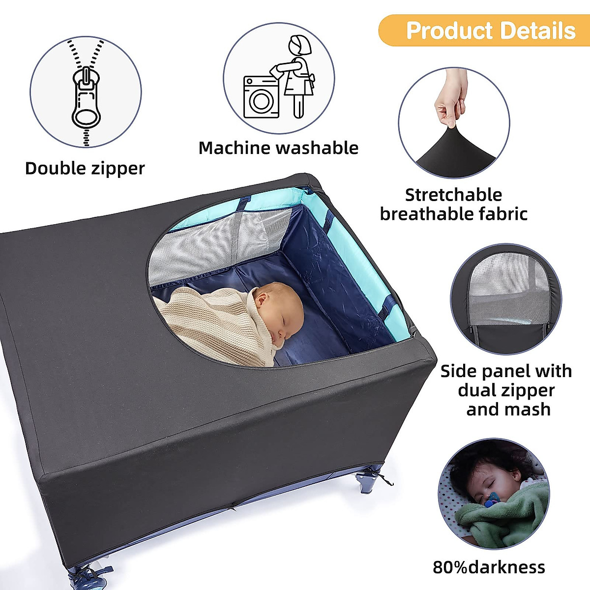 Blackout Cover for Pack and Play Breathable Crib Cover Stretchy Baby Darkening Netting Cover Indoor Outdoor Canopy Travel Accessories for Baby Infant Sleep