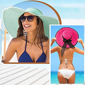 Xtinmee 9 Pcs Women Sun Straw Hat Wide Brim Summer Big Bowknot Straw Hat Floppy Beach Hats Foldable UV Upf50 Protection Beach Cap Adjustable Rope for Ladies Girls Multicolor