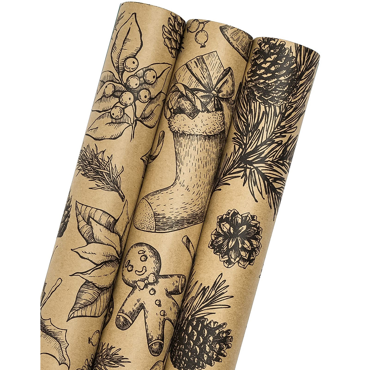 MAYPLUSS Kraft Christmas Wrapping Paper Roll - Mini Roll - 17 inch X 120 inch Per roll - 3 Different Rustic Design (42.3 sq.ft.ttl)