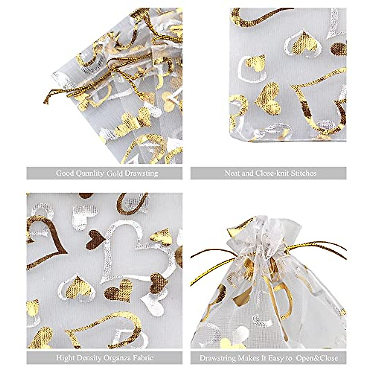 QIANHAILIZZ 100 pcs 3.5 x 4.7 Inch Flower Heart Organza Jewelry Gift Pouch Candy Pouch Drawstring Wedding Favor Bags (A white with gold heart)