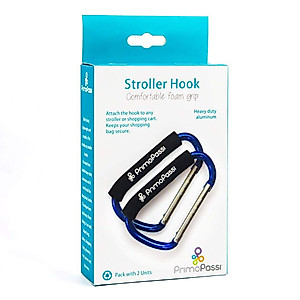 Primo Passi - Large Stroller Hook | 2 Large Stroller Organizer Hook Clip for Purse Shopping and Diaper Bags | Stroller Hanger | Blue