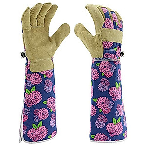 Miracle Gro MG23247/WSM Split Cowhide Garden Gloves – Floral, Medium-Large, Women’s Rose Pruning Gloves with Extended Foam Cuffs