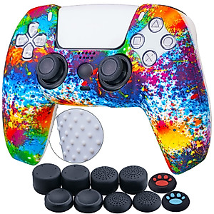 YoRHa Water Transfer Printing Silicone Thickened Cover Skin Case for PS5 Controller x 1(Spashing Paint) with Thumb Grips x 10
