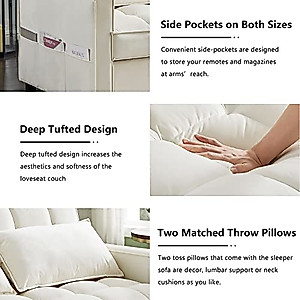 Aoowow 58 Inch Convertible Sleeper Sofa, Velvet Loveseat Sleeper Pull Out Sofa Bed Convertible Loveseat with Adjustable Backrest, 2 Pillows and Side Pockets for Living Room Small Spaces (Beige)