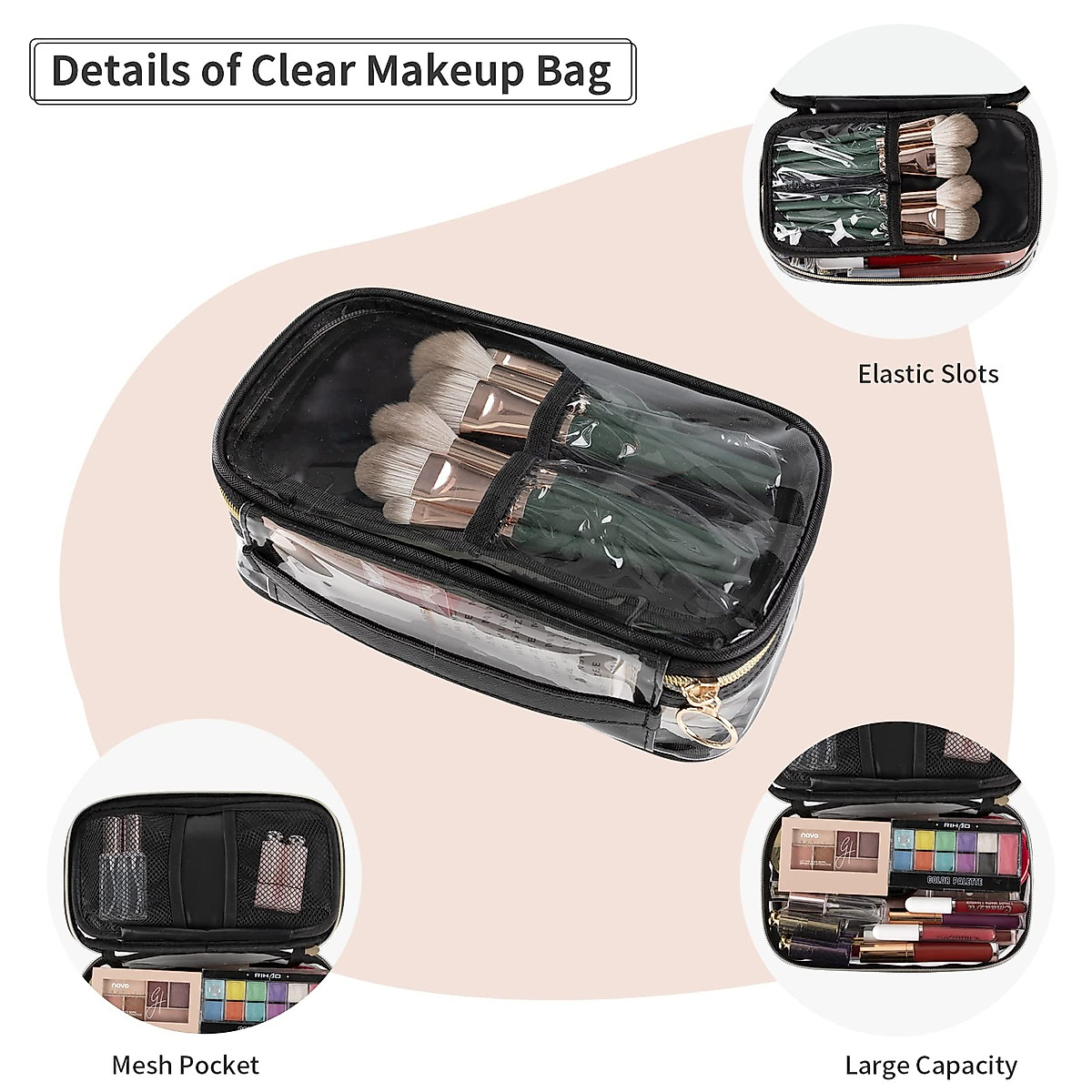 OCHEAL Clear Makeup Bag, Portable Storage Organizer Cosmetic Travel Bag Cute Pouch For Women and Girls Cosmetics Bags with Divider Brush Compartment-Transparent