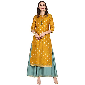 Janasya Indian Women's Mustard Foil Printed Poly Silk Ethnic Dress