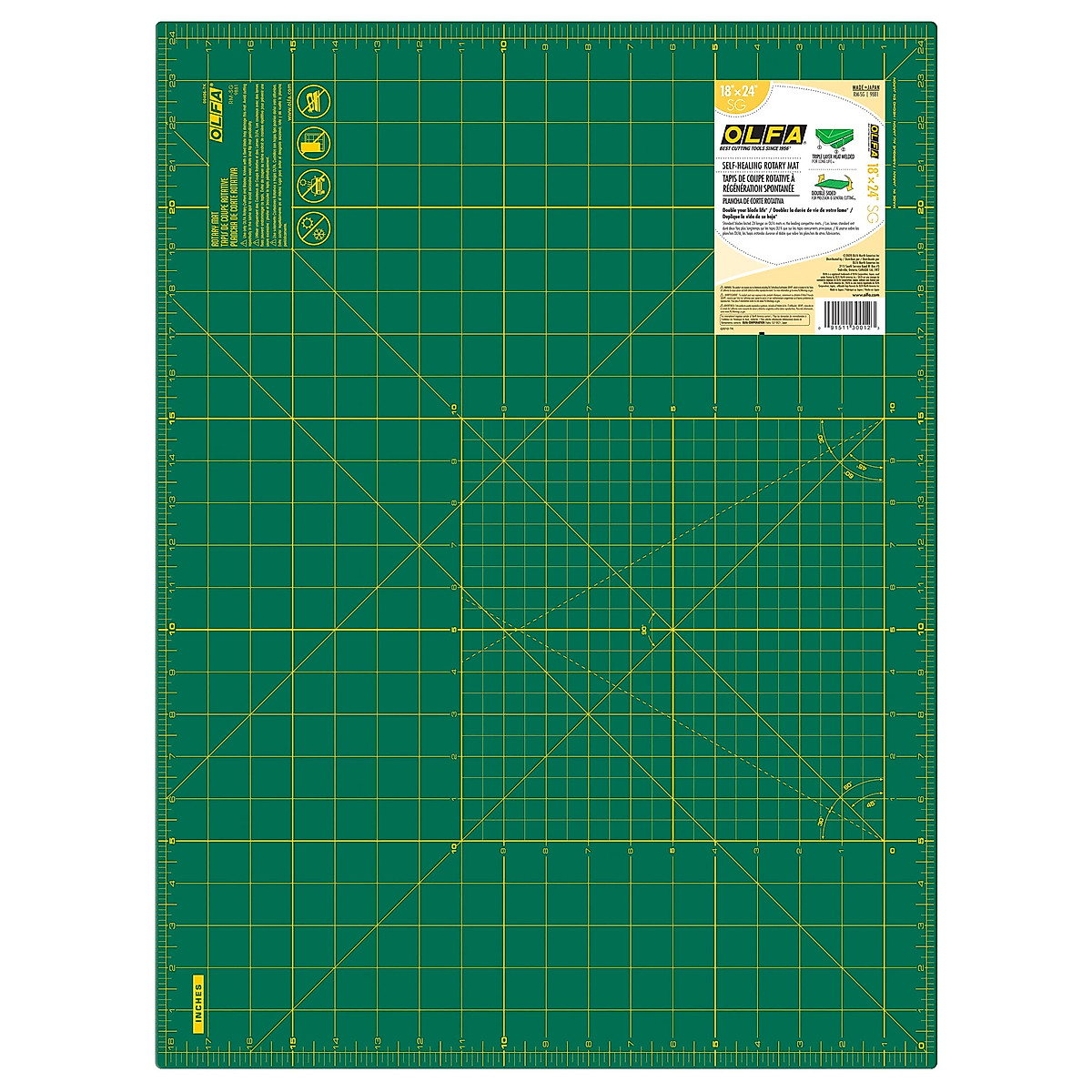 OLFA 18" x 24" Self Healing Rotary Cutting Mat (RM-SG) (Green) & 45mm Quick-Change Rotary Cutter (RTY-2/C) - Rotary Fabric Cutter w/Blade Cover (Aqua)