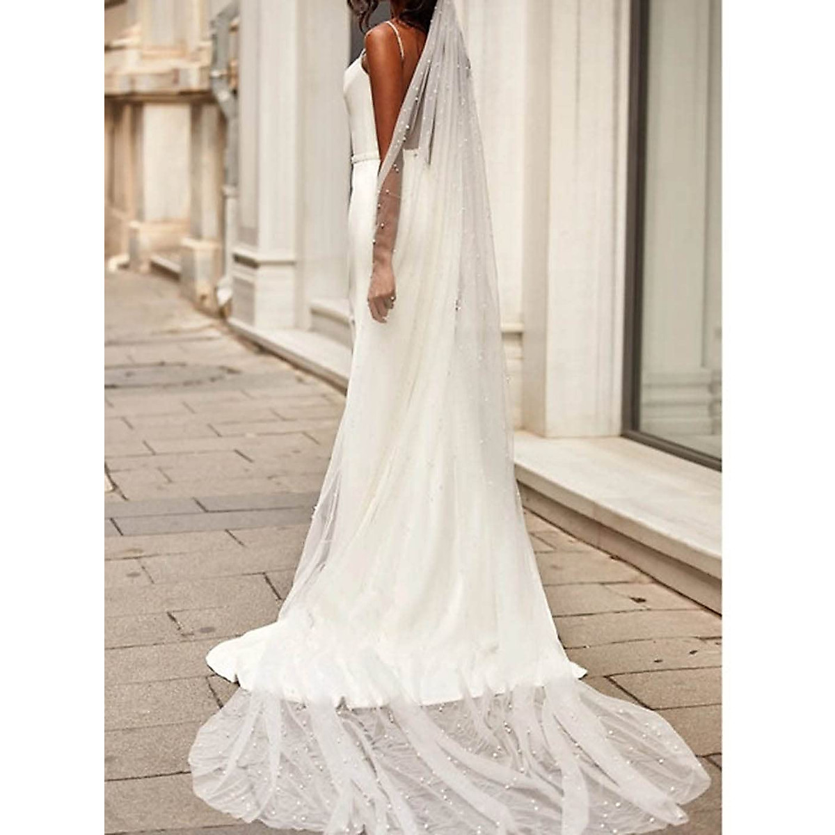 Unsutuo Pearl Bride Wedding Veil 1 Tier Cathedral Veil Fingertip Bridal Tulle Veil with Headpiece for Women and Girls (L:118",W:59", White)