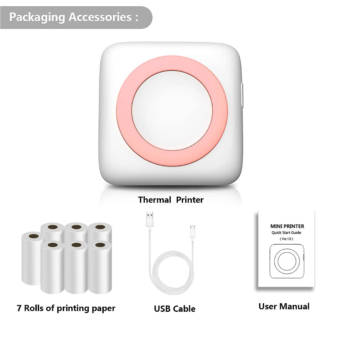 LetSketch Portable Pocket Printer, Thermal Label Maker, Sticker Printer Bluetooth Receipt Printer Compatible with Android & iOS 300dpi for Journal Book/Note/Label/Photo(7 Rolls Thermal Paper, Pink)