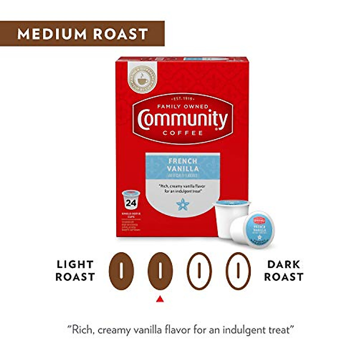 Community Coffee Medium Roast Single Serve Box, French Vanilla Flavored, 24 Count