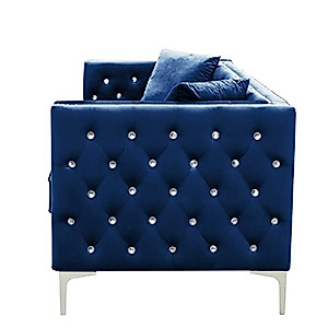 HomSof 82.3" Width Modern Velvet Sofa Jeweled Buttons Tufted Square Arm Couch with 2 Pillows, 3 Seater, Blue(3 Seater)