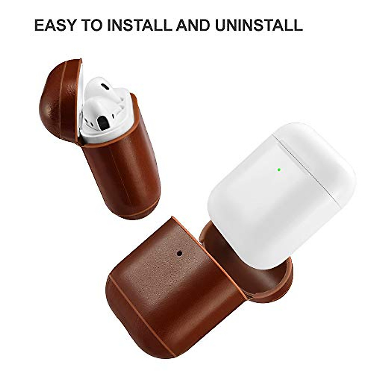 AirPods Case, ICARER Genuine Airpods Leather Case (The Front LED Visible) Wireless Charging Cover for Apple Airpod 2 & 1 (Brown)