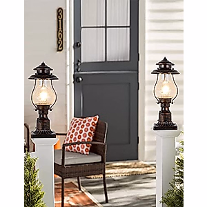 Dusk to Dawn Post Lights Outdoor Photocell Sensor Rustic Pole Mount Lanterns with Pier Mount Adapter Oil Rubbed Brown with Crackle Glass Waterproof Pillar Lights for Patio, Garden, Porch and Backyard