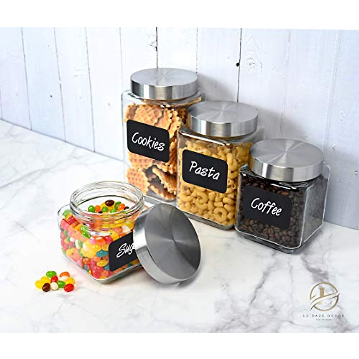 4pc Square Glass Cookie Jars with Airtight Lids + Marker & Labels, Canister Sets for Kitchen Counter or Bathroom - Food Storage Containers with Lids for Pantry - Flour, Sugar, Coffee, Cookies, etc.