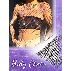 Fstrend Mesh Body Chains Rhinestone Crystal See Through Crop Tops Fishnet Dress Cover Up Black EDM Festival Outfits for Women