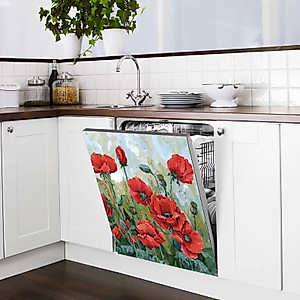 Red Flower Magnetic Decal,Dishwasher Cover Magnet Decorative,Fridge Magnet Flower Door Decal, Oil Painting Farm Flower, Appliances Cabinet Cover Sticker 23x26inch