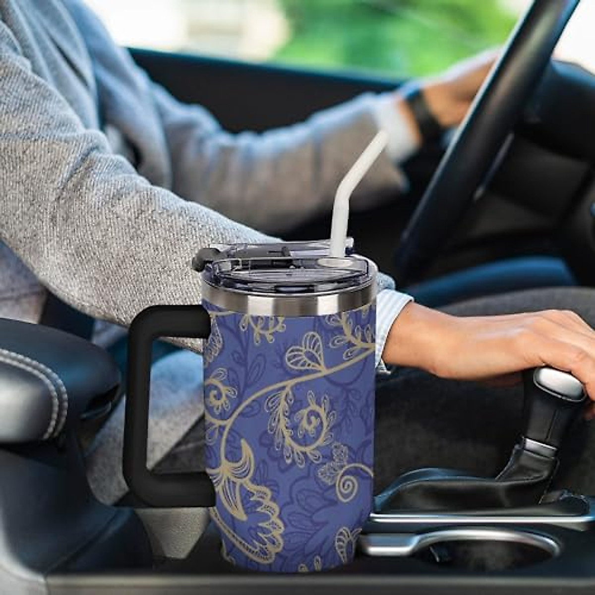 Romantic Flora Leaves Ornate Petals 40oz Water Bottle Double Wall Insulated Tumbler with Handle Leakproof Travel Mug Black-style