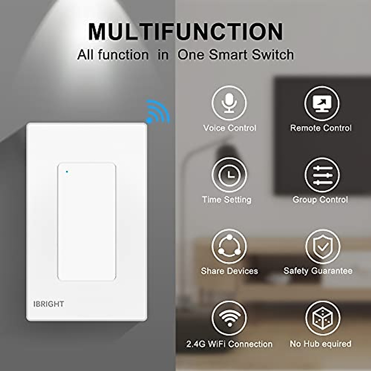 IBRIGHT Smart Light Switch, Works with Alexa & Google Home (3-Way), Remote Control & Timer Function, Neutral Wire Needed, No Hub Required, Single-Pole, ETL & FCC Certified (2.4Ghz Wi-Fi Only)
