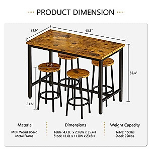 AWQM Bar Height Table and Chairs Bar Table with 4 Stools Industrial Counter Height Dining Sets for Kitchen, Table of 43.4 x 23.6 x 35.7 Inches, Stool of 11.8 x 11.8 x 23.8 Inches, Industrial Brown