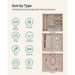 SONGMICS Jewelry Box with Glass Lid, 3-Layer Jewelry Organizer, 2 Drawers, Jewelry Storage, Lots of Storage Space, Modern, Gift Idea, 8 x 9.1 x 5.3 Inches, Cloud White and Gold Color UJBC239WT