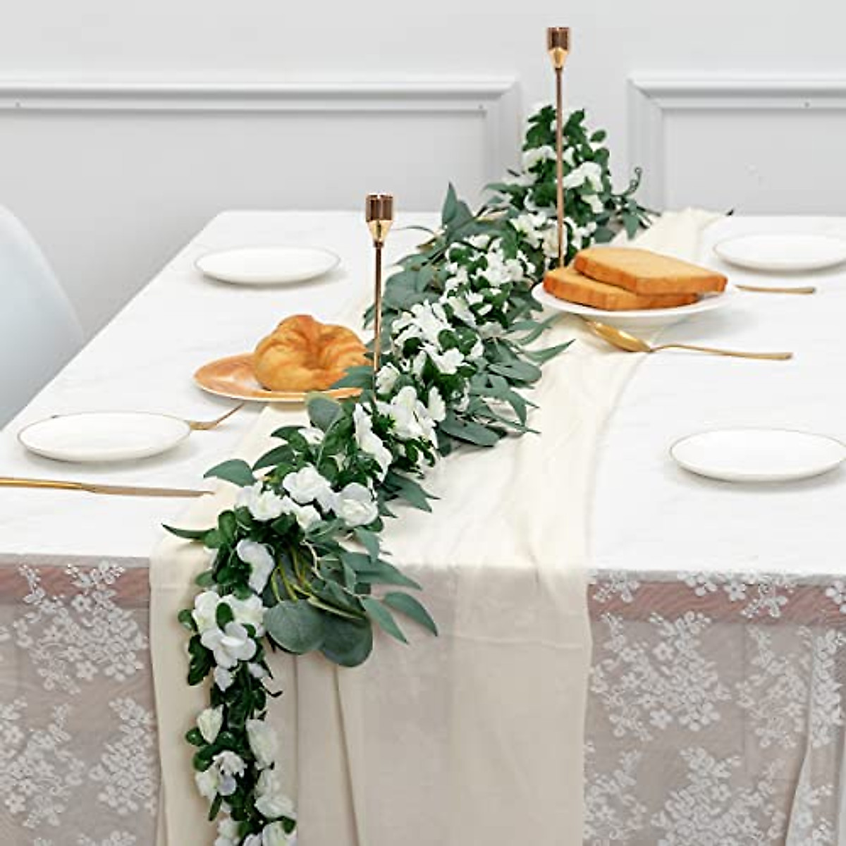 Senseya 6pcs 48FT Artificial Flower Garlands, Fake Peony Vine Artificial Flower with Green Leaves, Hanging Fake Roses Vine for Wedding Home Hotel Office Garden Christmas Wall Arch Decor (Ivory)